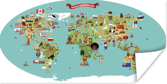 Poster Een cartoontekening van een kaart van de wereld met figuren ...