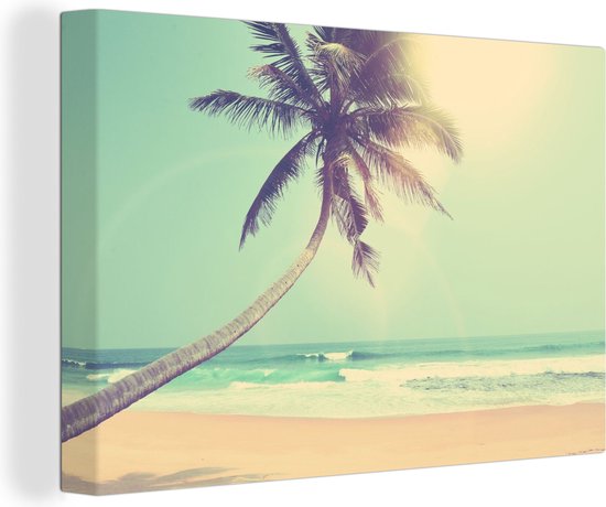 Canvas schilderij 140x90 cm - Wanddecoratie Retro - Palmboom - Zon - Zomer -... | bol