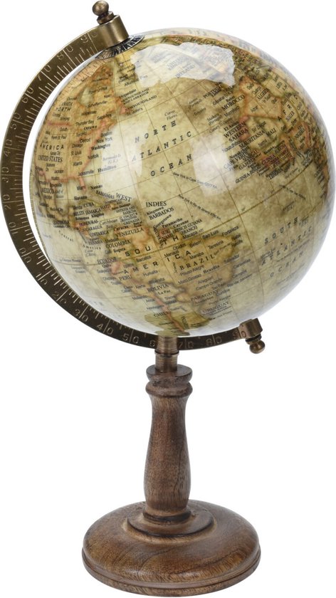 Decoratie wereldbol/globe beige op mangohouten voet/standaard 16 x 32 ...