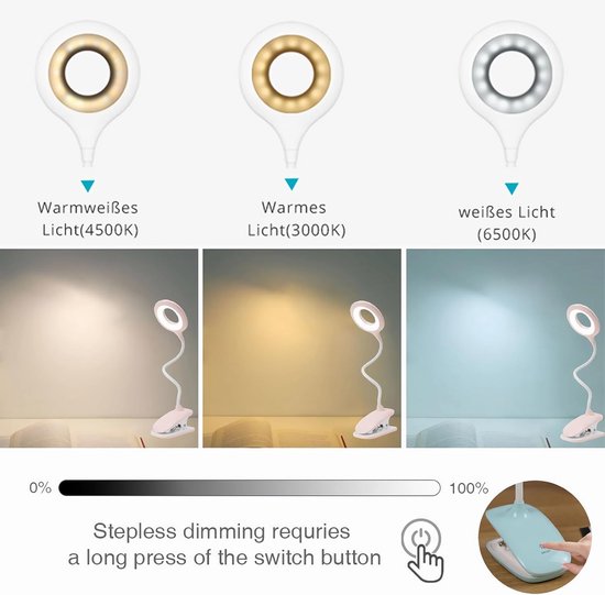 LED Clip Lamp - Boeklamp Bureaulamp - Lezen Werken Tekenen - 3 Kleuren ...
