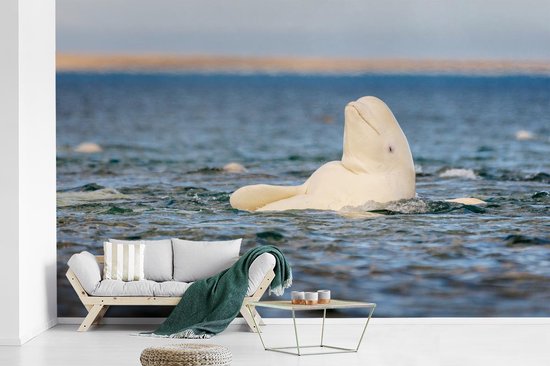 Behang - Fotobehang - Een Witte dolfijn in een blauwe golvende zee ...
