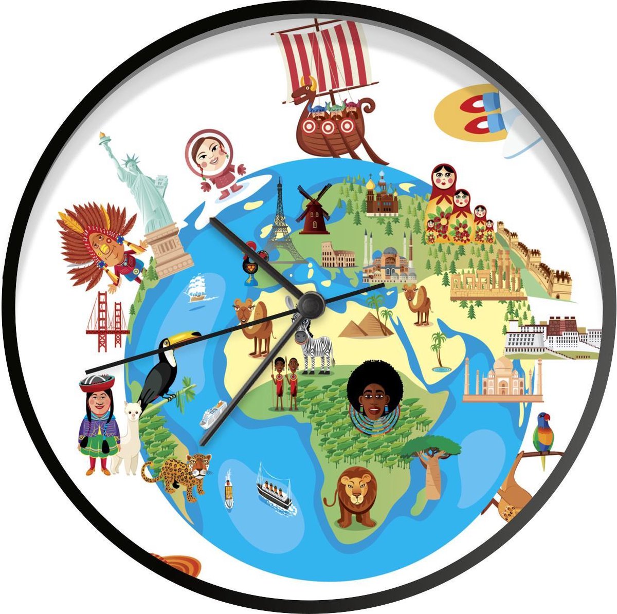 Klok Cartoon map Wereld Ø 30 cm - Een illustratie van een cartoon kaart ...