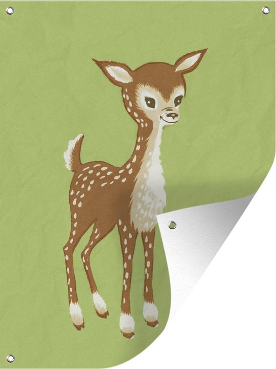 Muurdecoratie buiten een blij en jong hert op een lichtgroene ...