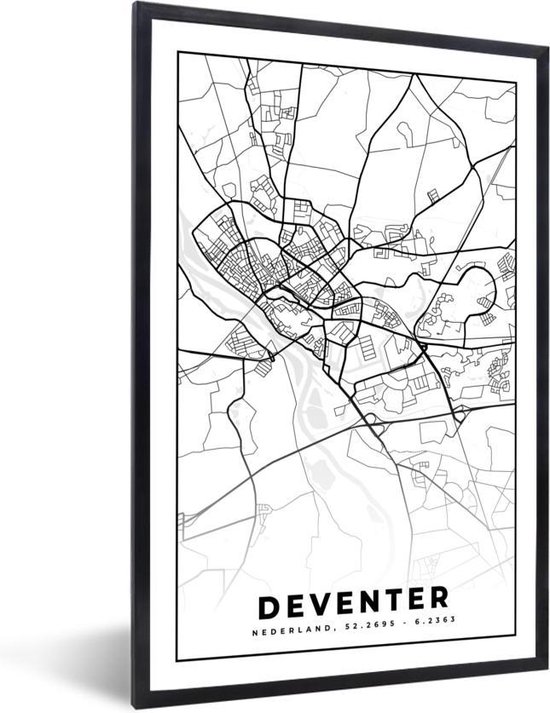 Fotolijst incl. Poster - Kaart - Deventer - Zwart - Wit - 40x60 cm - Posterlijst | bol