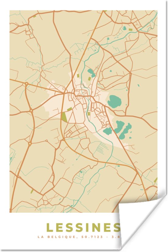 Poster Kaart - Plattegrond - Stadskaart - Vintage - Lessines - 20x30 cm ...