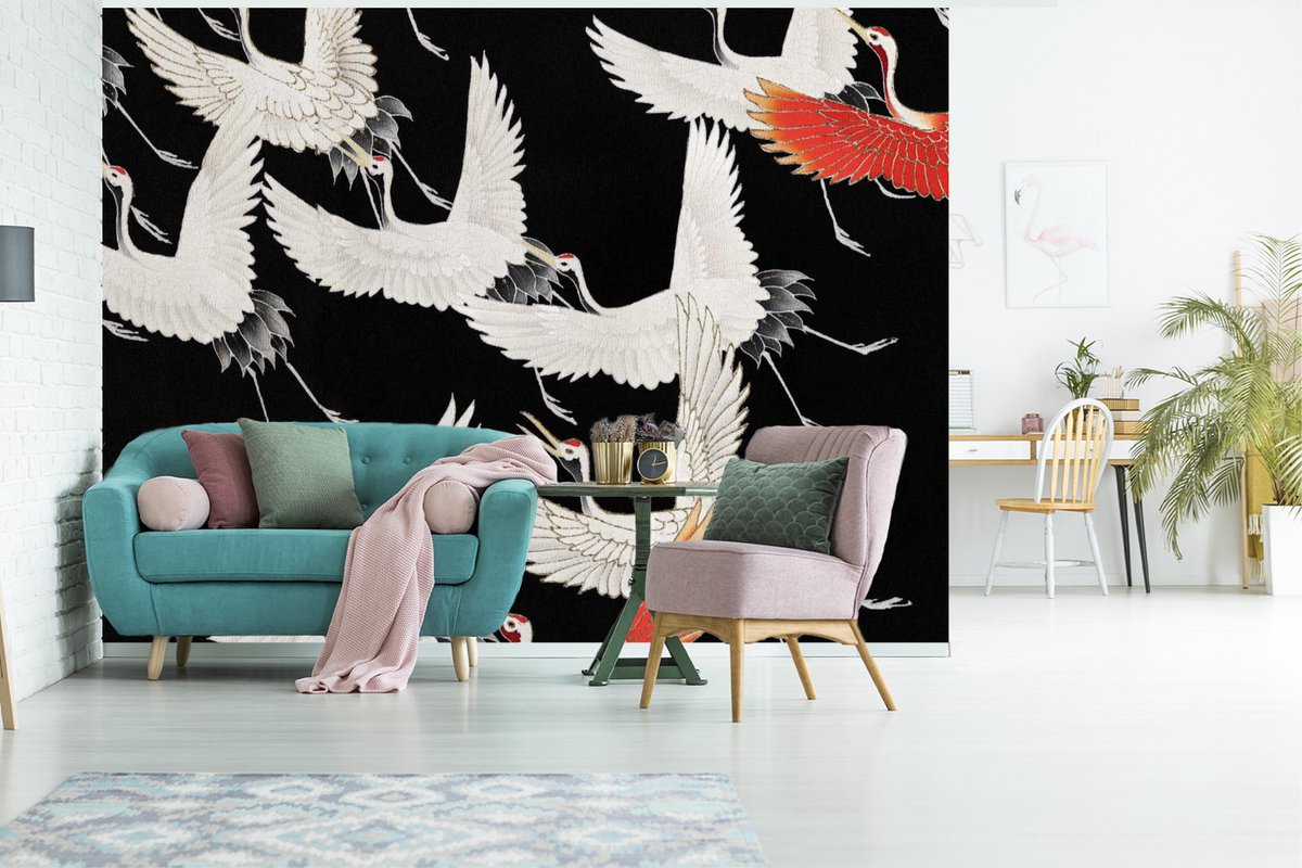 Behang - Fotobehang Japans - Kraanvogel - Wit - Rood - Vintage ...