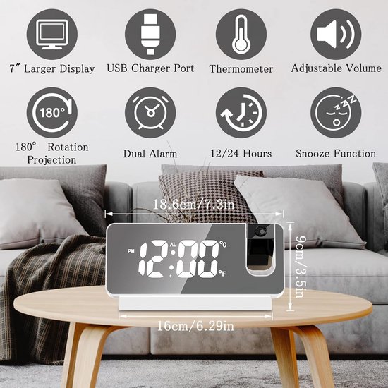 Projectiewekker Digitaal met Groot 7,3 inch LED Display en 180 Graden ...