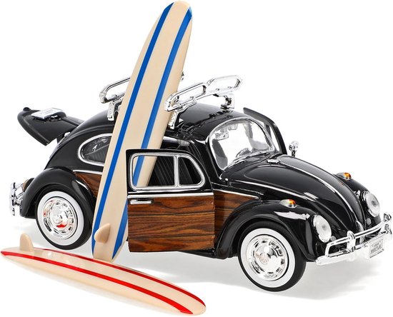 Modelauto Kever Zwart met Houten Design en Surfplank Schaal 1:24 | bol