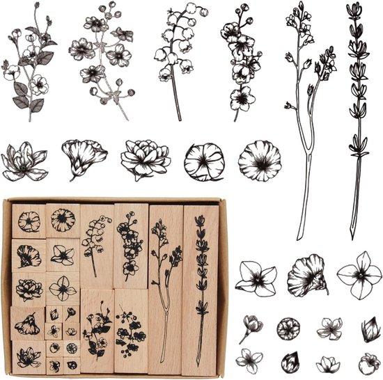 Allecta - Vintage Houten Rubber Stempels Set Bloemen Plant Decoratie | bol