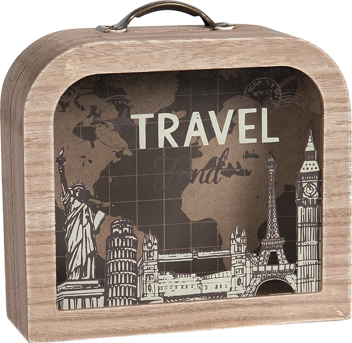 Clayre & Eef Spaarpot 18x7x16 cm Bruin Hout Glas Rechthoek Travel Leuke ...