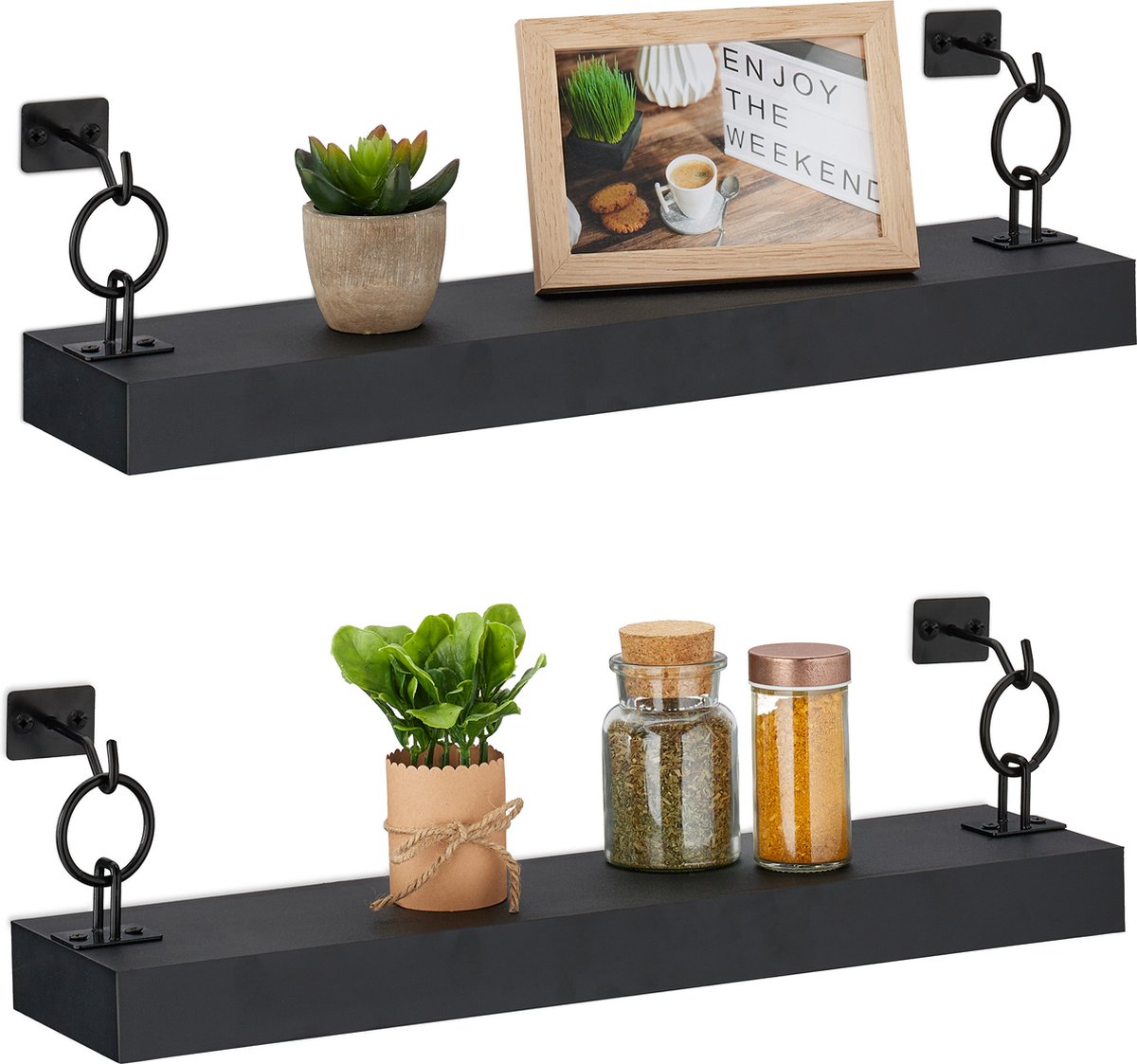 Relaxdays wandplank zwart - set van 2 - zwevende plank woonkamer - muurplank smal keuken | bol