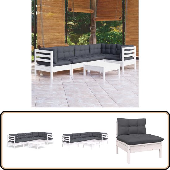 vidaXL Loungeset - 6-delig - Grenenhout - Wit Loungeset - Tuinset ...