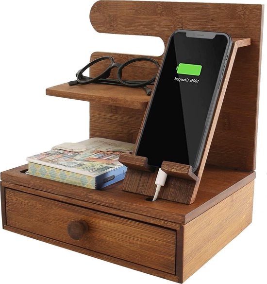 Houten nachtkastje Organizer - Multifunctionele dockingstation - Bamboe ...