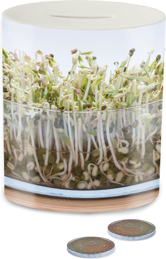 Spaarpot - Spaarblik - Taugé in een glaskom op een houten plaat ...
