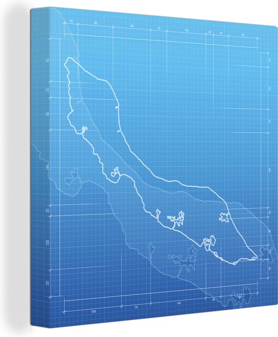 Canvas Schilderij Een tekening van Curaçao op een blauwe kaart - 50x50 ...