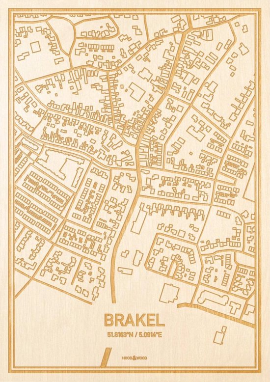 Kaart Brakel - Gegraveerde stadskaart Hood&Wood - Hout, A4 | bol.com
