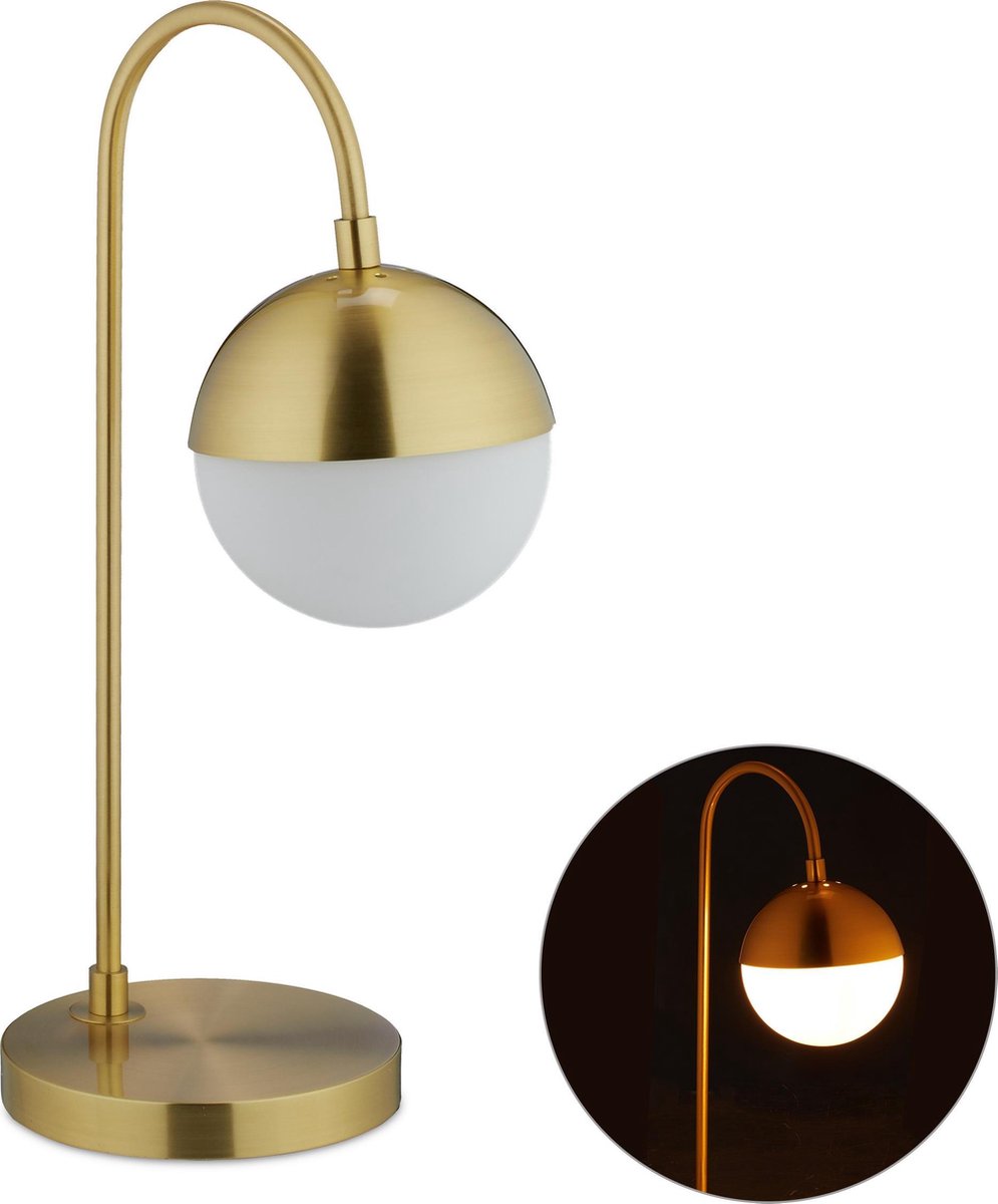 relaxdays tafellamp goud - slaapkamer - metaal glas - bureaulamp ...