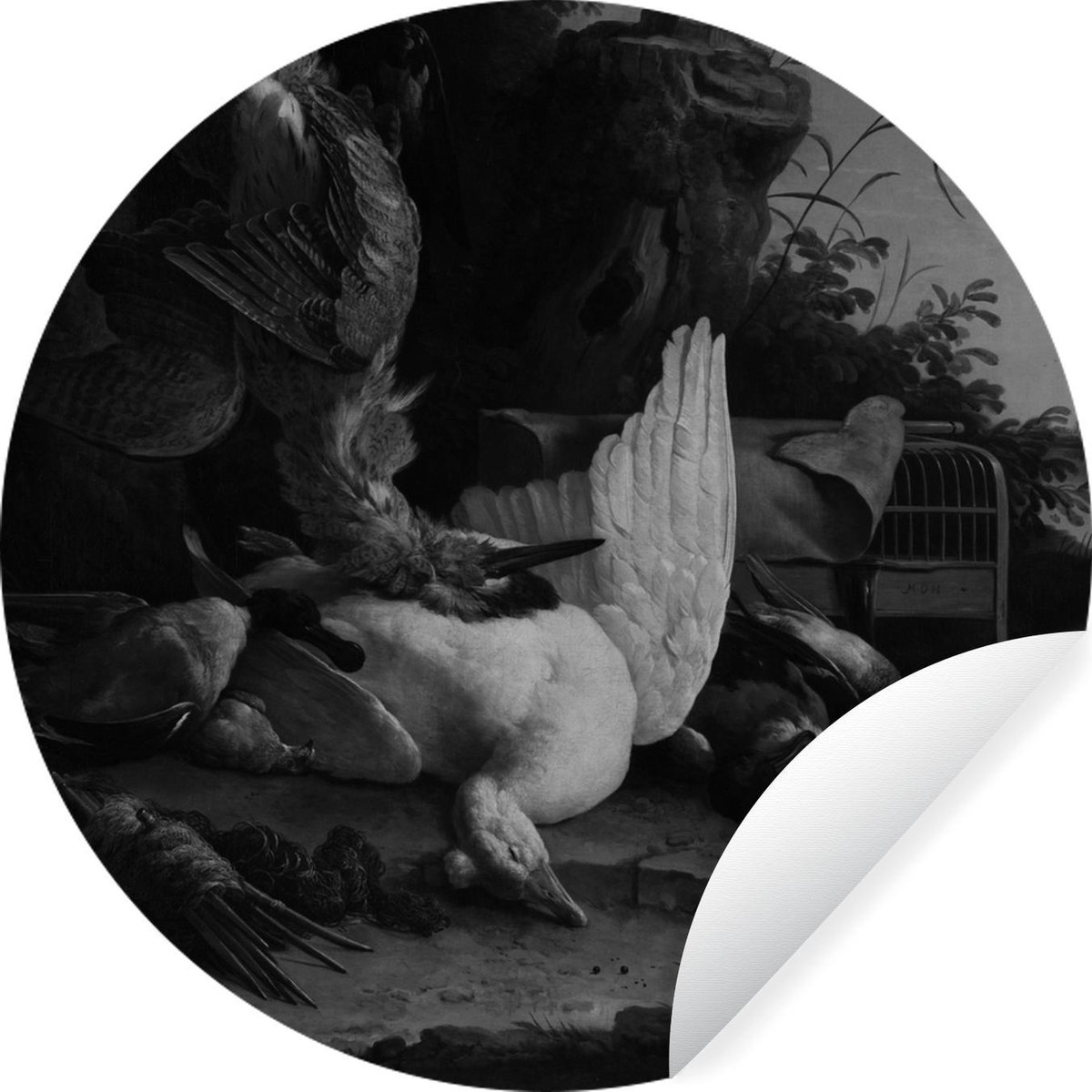 Butin de chasse avec une pie sur une souche d'arbre en noir et blanc ...