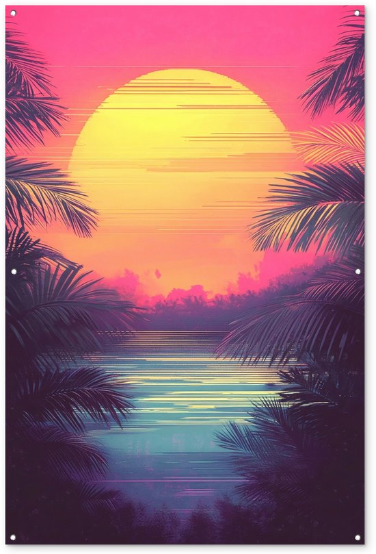 Tuinposter 120x180 cm - Tuindecoratie Zon - Geel - Palmbomen - Tropisch ...