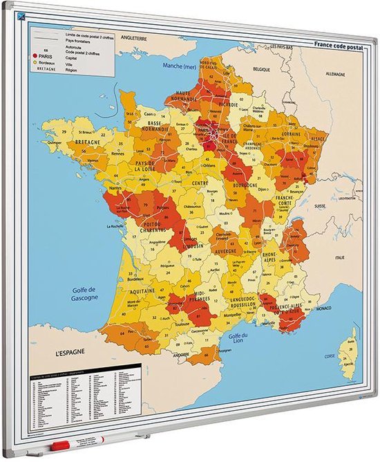 Carte de France avec codes postaux imprimés sur tableau blanc 100x100 ...
