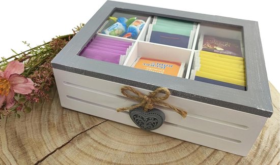 Theedoos 22 cm wit grijs hout papier hartvormige hanger glazen venster ...