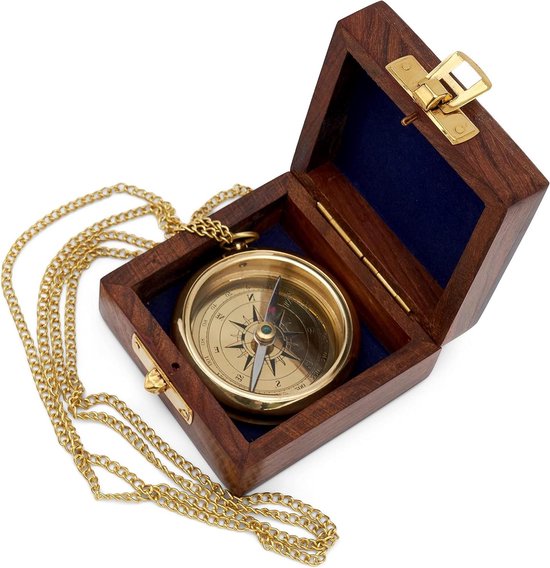 6cm kompas anker gravure met ketting - houten kistje messing goud ...