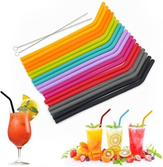 18 stuks siliconen rietjes, herbruikbaar, kleurrijke bocht drinkrietjes ...