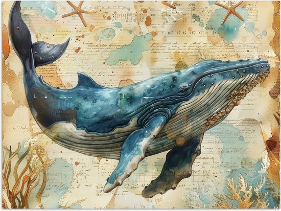 Poster 80x60 cm - Vintage - Walvis - Watercolor - Blauw - Zeedieren ...