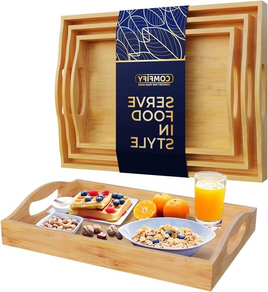 Set of 3 Wooden Bamboo Serving Trays with Handle - Nesting Trays for ...