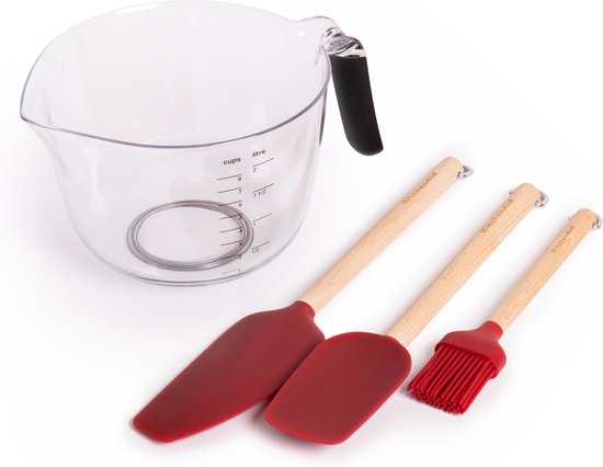 4-delige bakset met berkenhouten en siliconen bakkwast, lepel ...