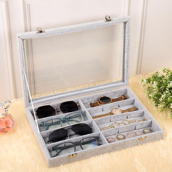 Velours Sieraden Organiser Display Doos met 24 Secties en Glazen Deksel ...