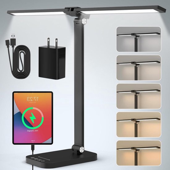 Bureaulamp dimbaar led - 12 W met stekker - zwart - 5 kleurtemperaturen ...