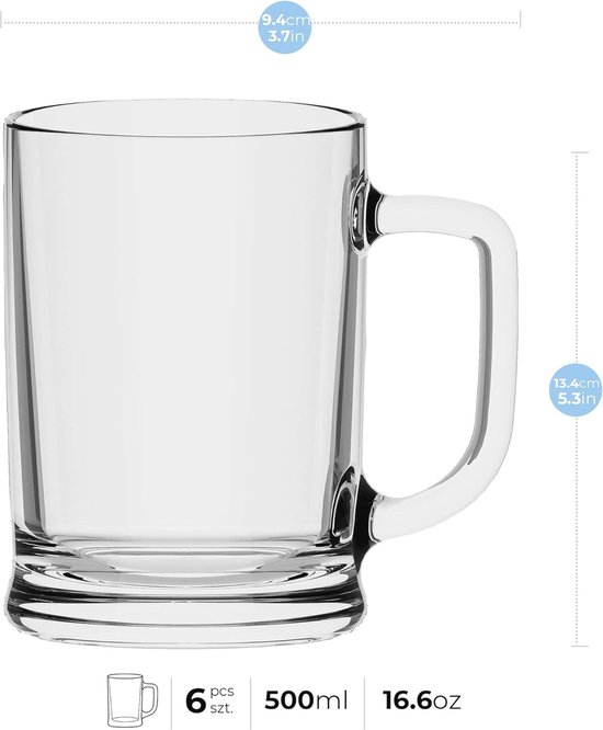 Set van 6 Bierglazen 500 ml - Vaatwasmachinebestendige Glazen met Handvat voor Pils,... | bol