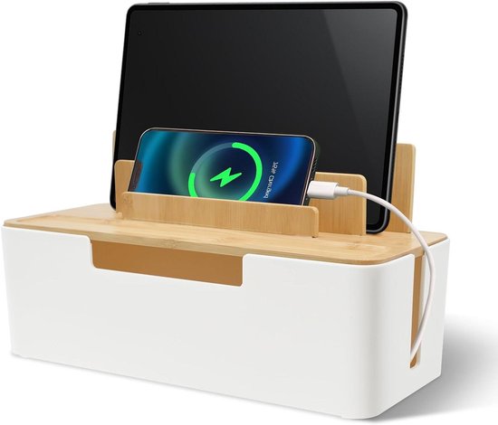 Cable Management Box with Bamboo Lid for Hiding Cables - includes Phone ...