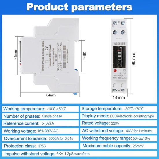 KWh Counter 1P Flow Meter Single Phase 5 (32) A Power Meter LCD 220V ...