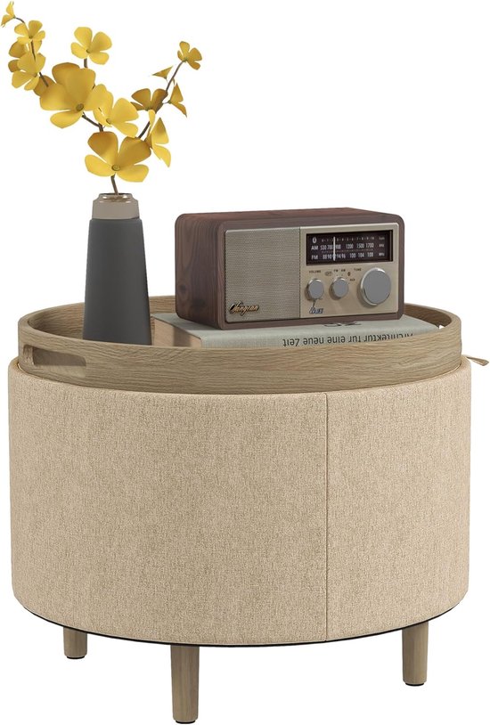 Ronde poef met opbergfunctie en dienblad - 3-in-1 meubel voor woonkamer ...