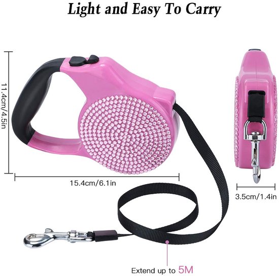Soleebee Bling Strass 5M Rolling Lead Hondenriem Intrekbare stevige ...