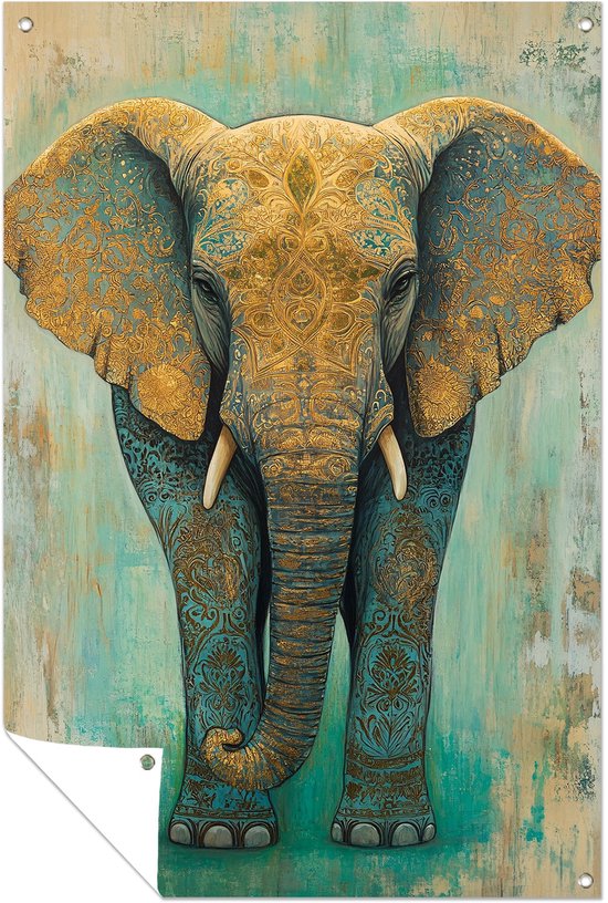 Gouden olifant op turquoise - Olifant poster - Tuinschilderijen dieren ...