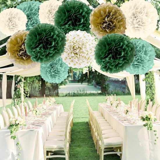 15 groene zijdepapieren pompons slinger - decoratie bruiloft verjaardag ...