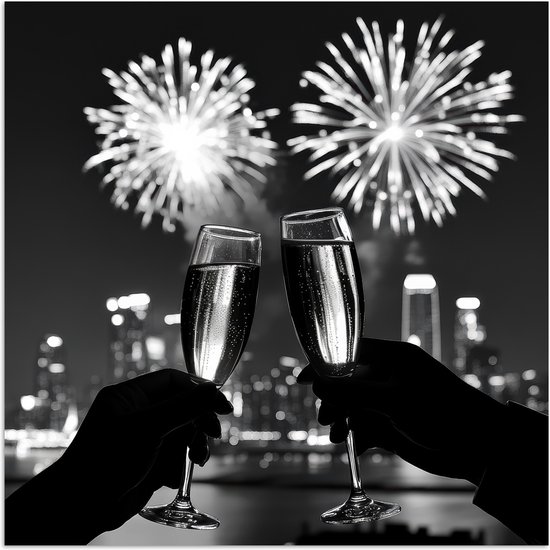 Poster 50x50 cm - Vuurwerk - Proosten - Skyline - Champagne - Posters ...