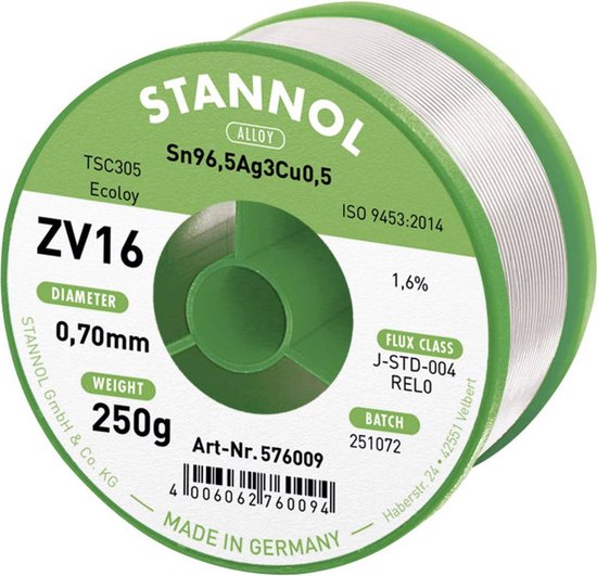 Stannol ZV16 Soldeertin, loodvrij Loodvrij Sn96,5Ag3Cu0,5 REL0 250 g 0. ...