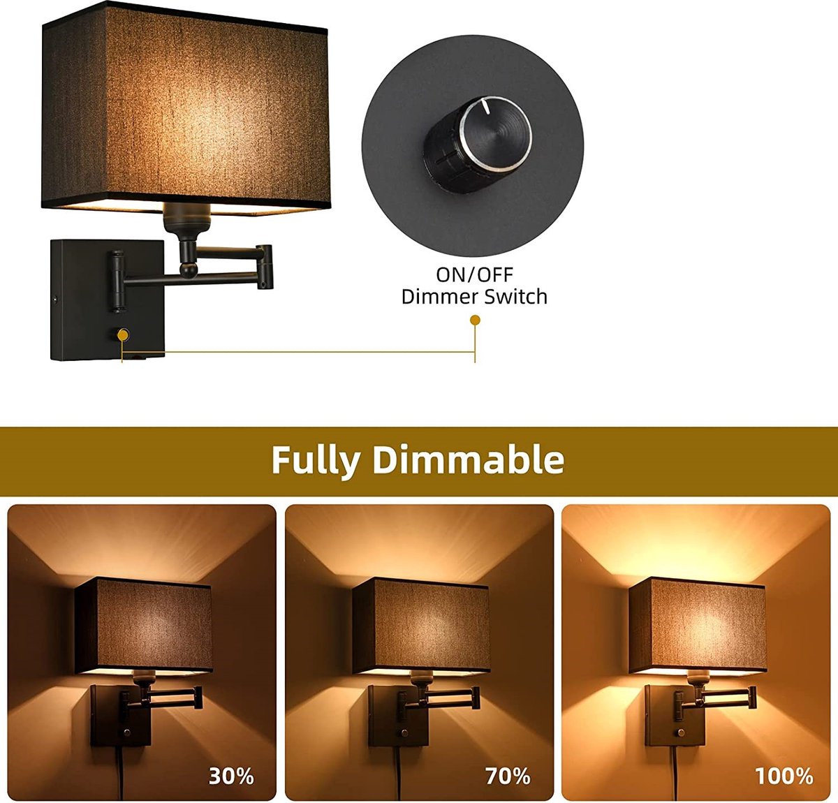 SensaHome - Stoffen Wandlamp Square met Verstelbare Arm - Moderne ...