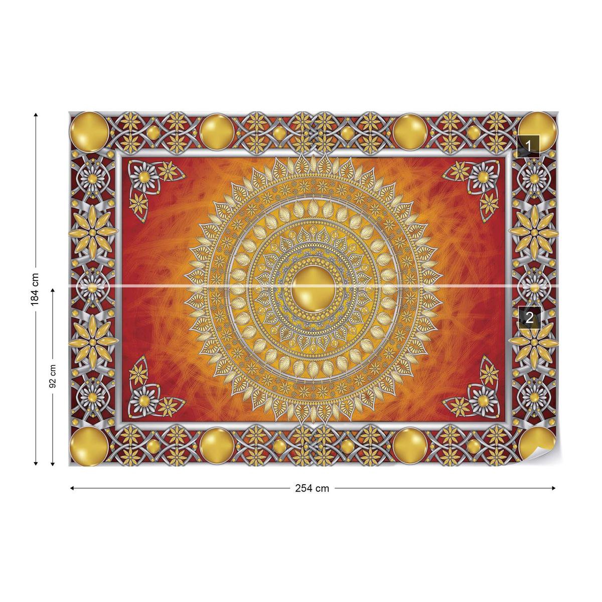 Fotobehang - Vlies Behang - Gouden Mandala op een Rode Achtergrond ...