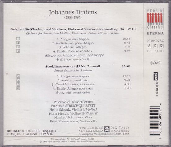 Piano quintet op. 34, string quartet op. 51 - Johannes Brahms -... | bol