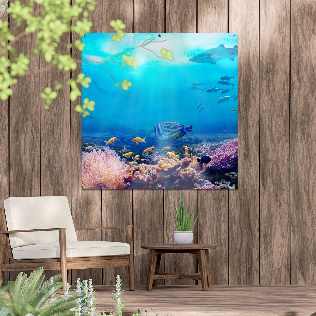 Gards Tuinposter Vissen met Haaien in de Oceaan met Koraalrif - 100x100 ...