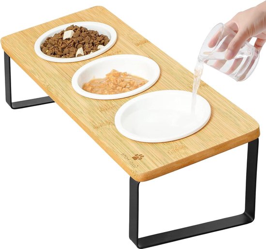 Cat Litter Box Raised Feeding Station - Ceramic Bowl Set - Wooden ...