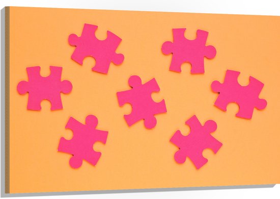 Hout - Roze Puzzelstukjes op Oranje Achtergrond - 120x80 cm - 9 mm dik ...