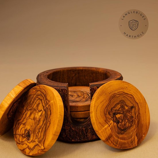 Set of 6 Rustic Coasters with Olive Wood Holder Glass Coasters Set of ...