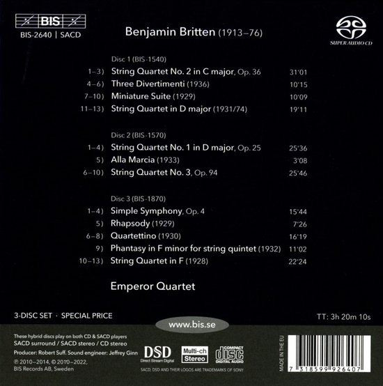 Benjamin Britten: The Music for String Quartet, Emperor Quartet | Muziek | bol.com