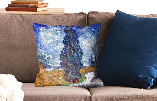 Kussenhoes 45x45 cm - Weg met cypres en ster - Schilderij van Vincent van Gogh -... | bol